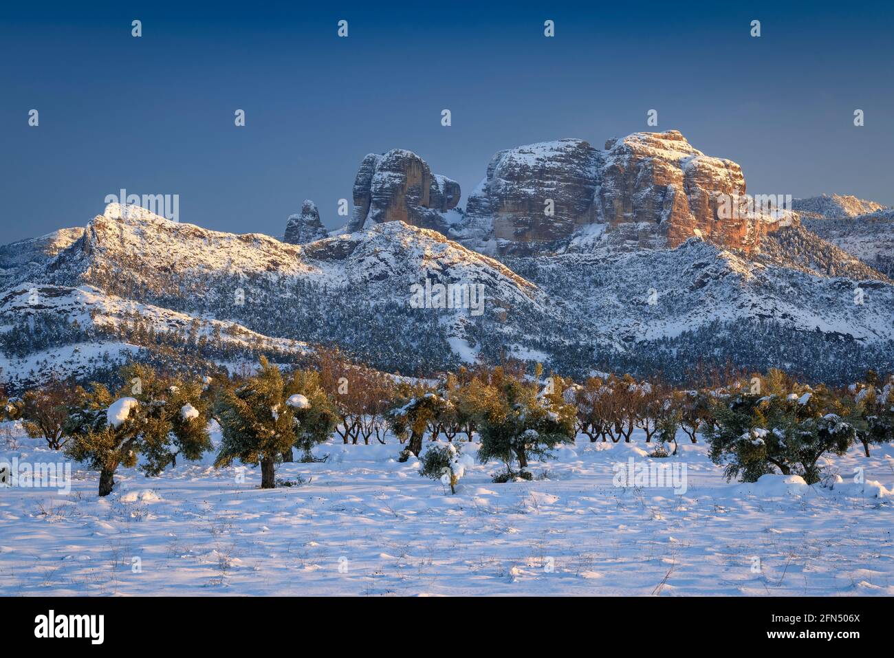 Roques de Benet rocks, near Horta de Sant Joan, in a winter snowy ...
