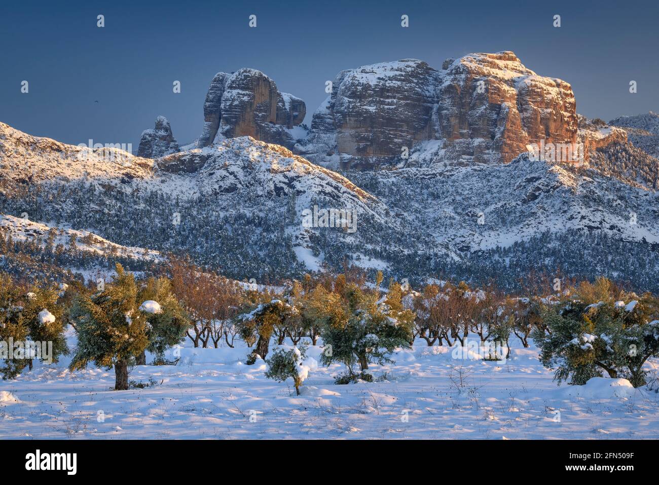 Roques de Benet rocks, near Horta de Sant Joan, in a winter snowy ...