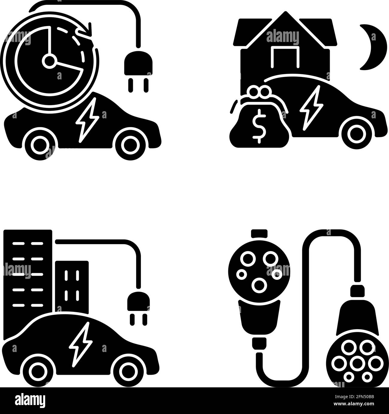 Electric vehicle charging black glyph icons set on white space Stock ...
