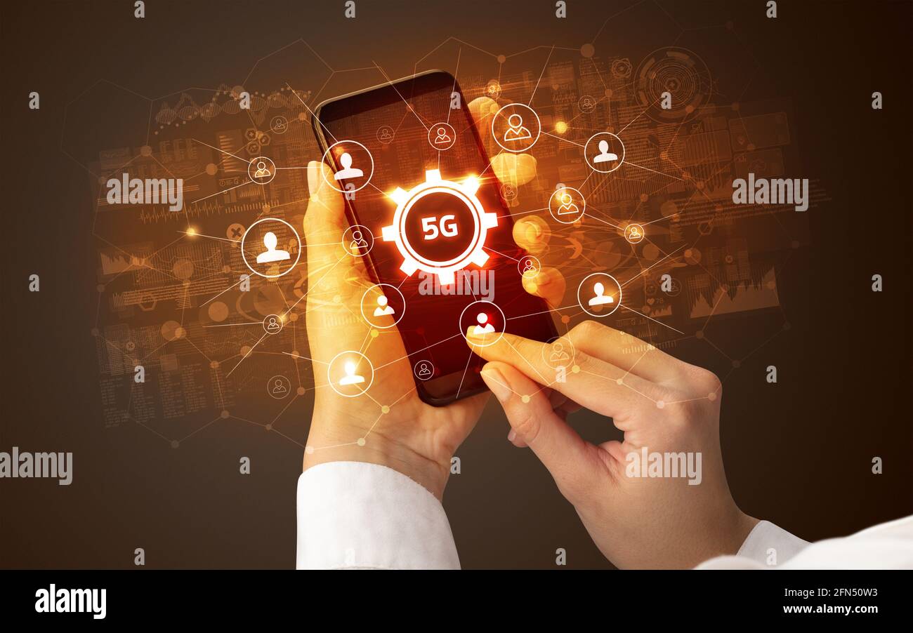 Hand using smartphone with technology concept Stock Photo - Alamy