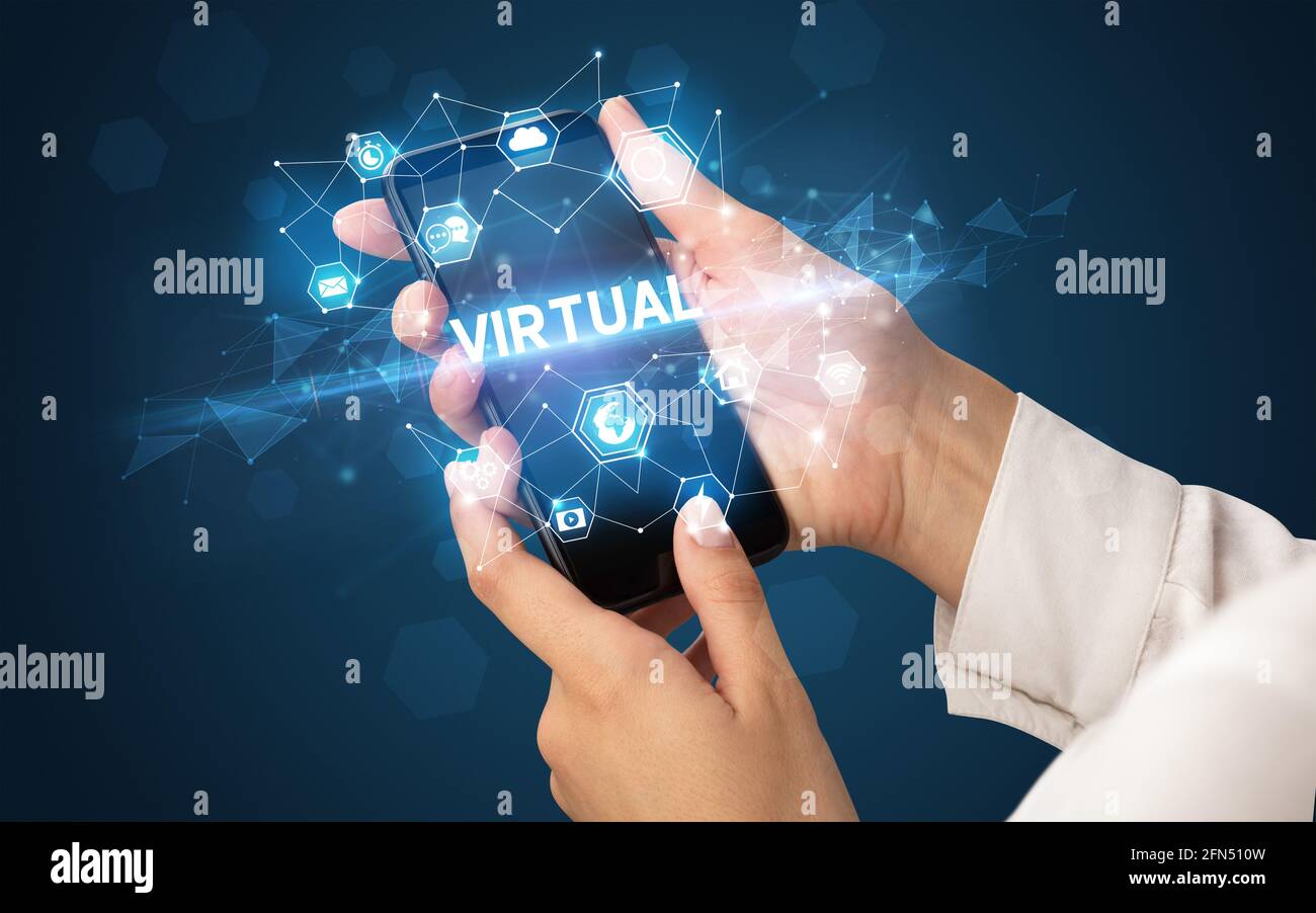 Hand using smartphone with technology concept Stock Photo - Alamy