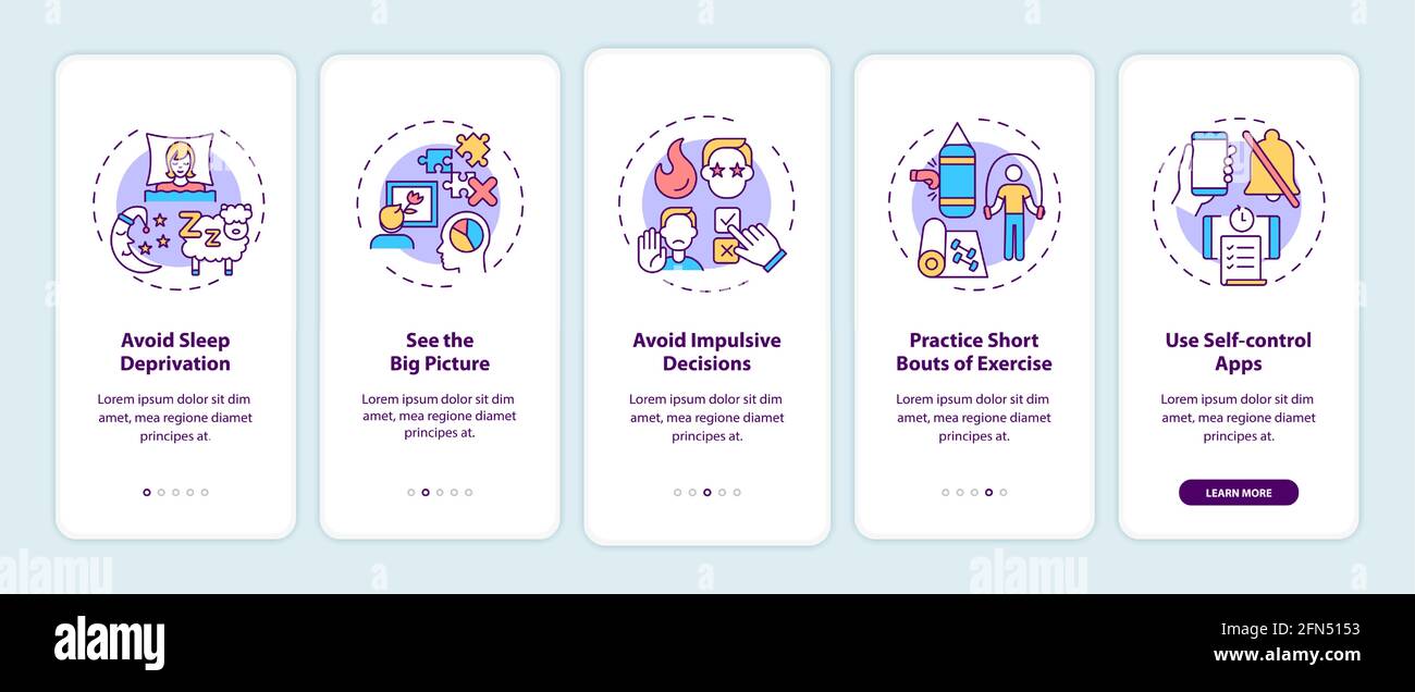 Self-control boosting tips onboarding mobile app page screen with ...