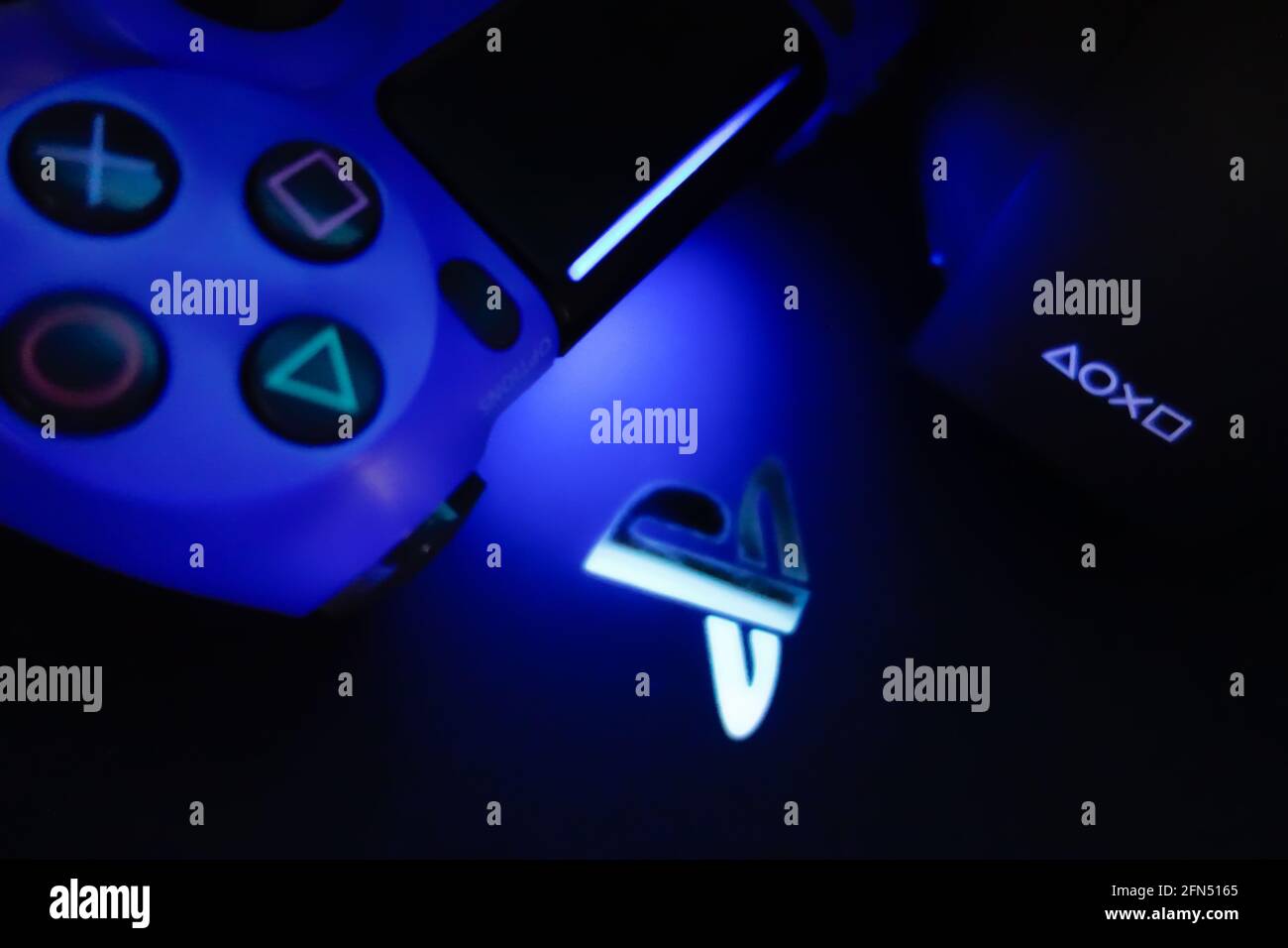 SAO PAULO, BRAZIL - May 04, 2021: Sony Playstation logo illuminated on ...