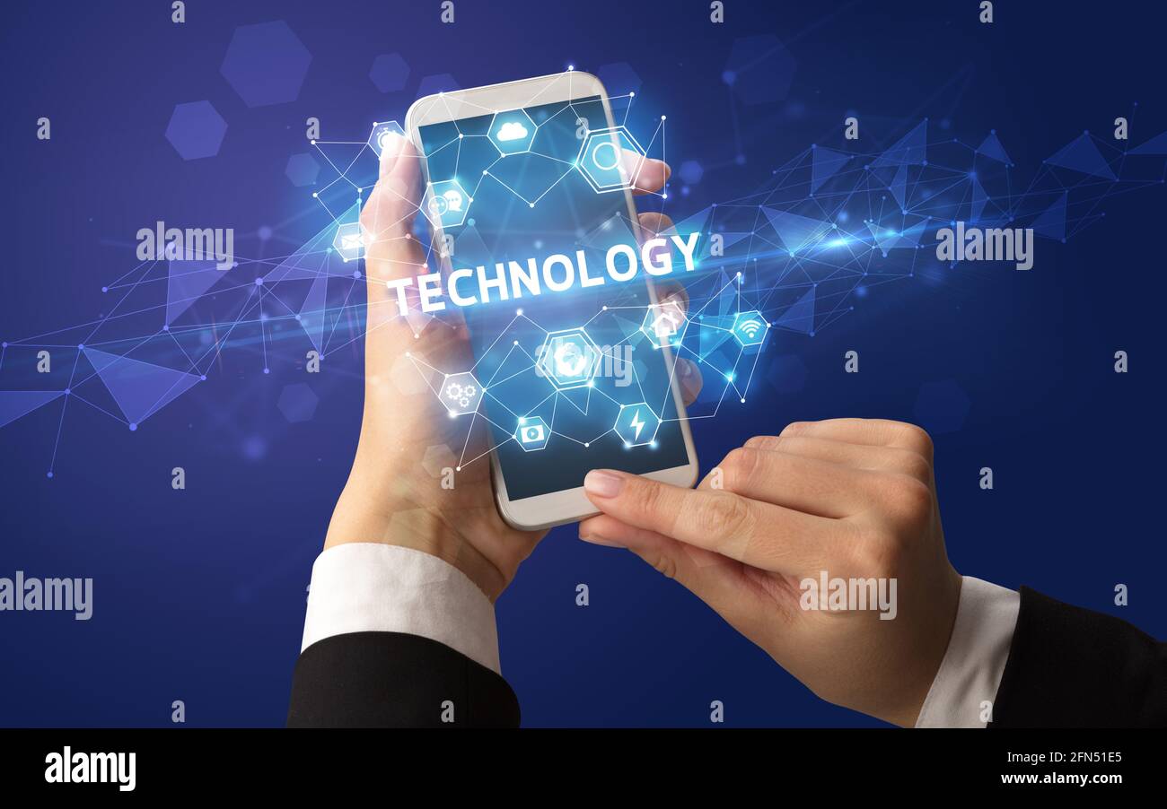 Hand using smartphone with technology concept Stock Photo - Alamy