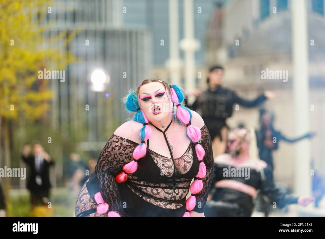Birmingham, UK. 14th May, 2021. Drag dancers perform for the cameras as ...