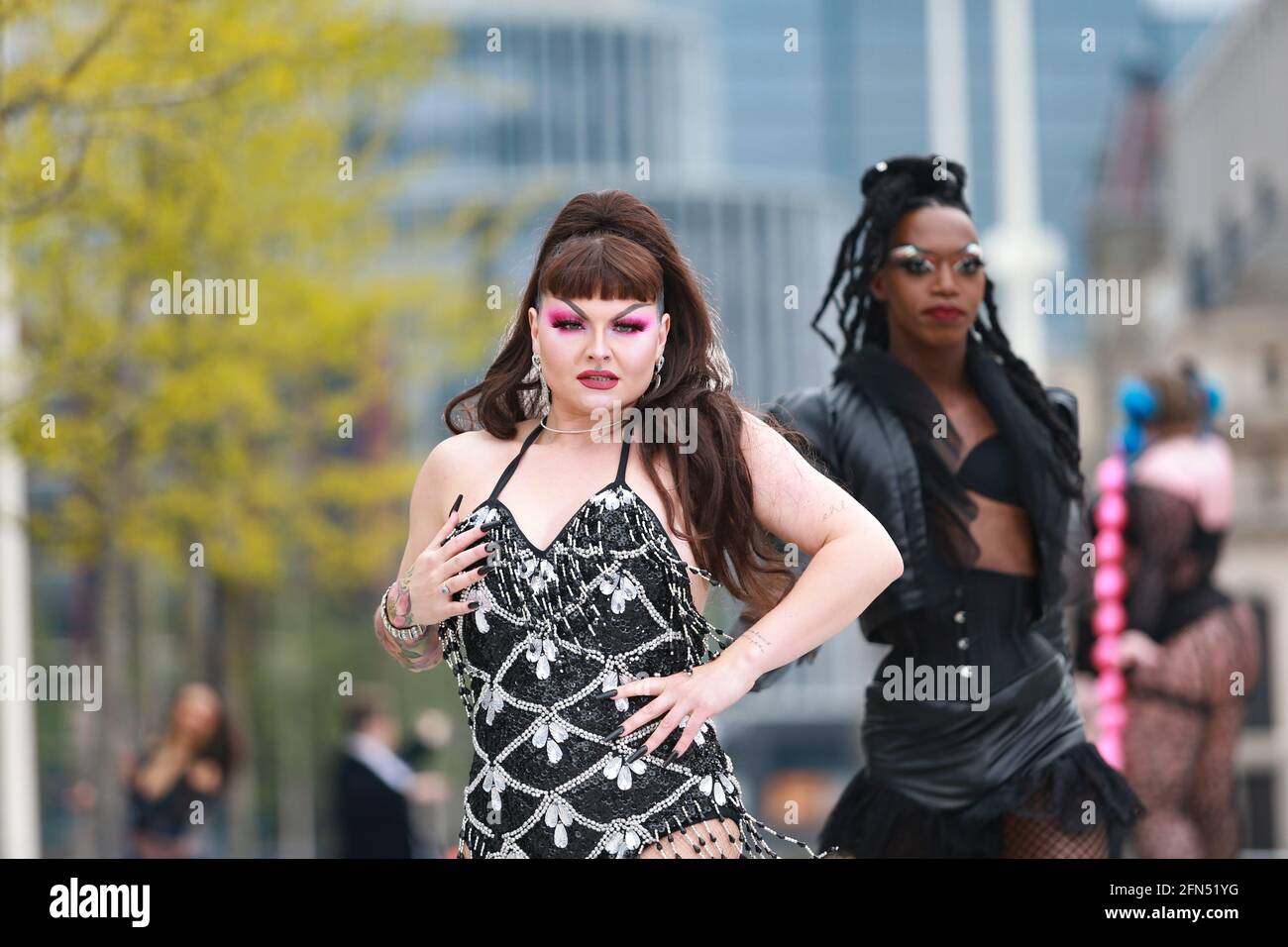 Birmingham, UK. 14th May, 2021. Drag dancers perform for the cameras as ...
