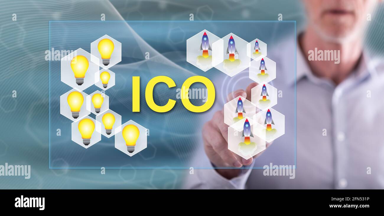 Man touching an ico concept on a touch screen with his finger Stock ...