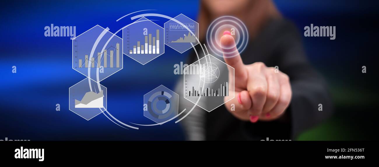 Woman touching a data analysis concept on a touch screen with her ...