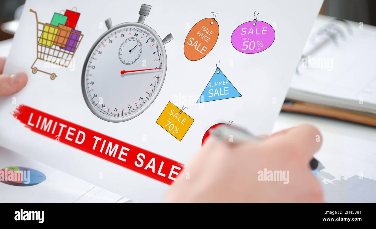 Hands holding a paper showing a limited time sale concept Stock Photo ...