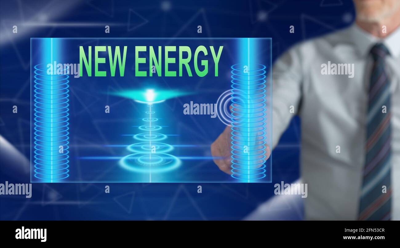 Man touching a new energy concept on a touch screen with his finger ...