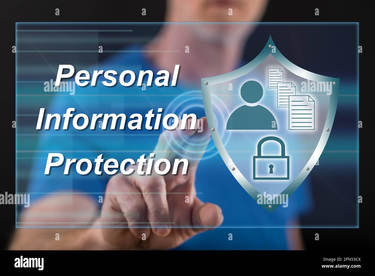 Man touching a personal information protection concept on a touch screen with his finger Stock ...