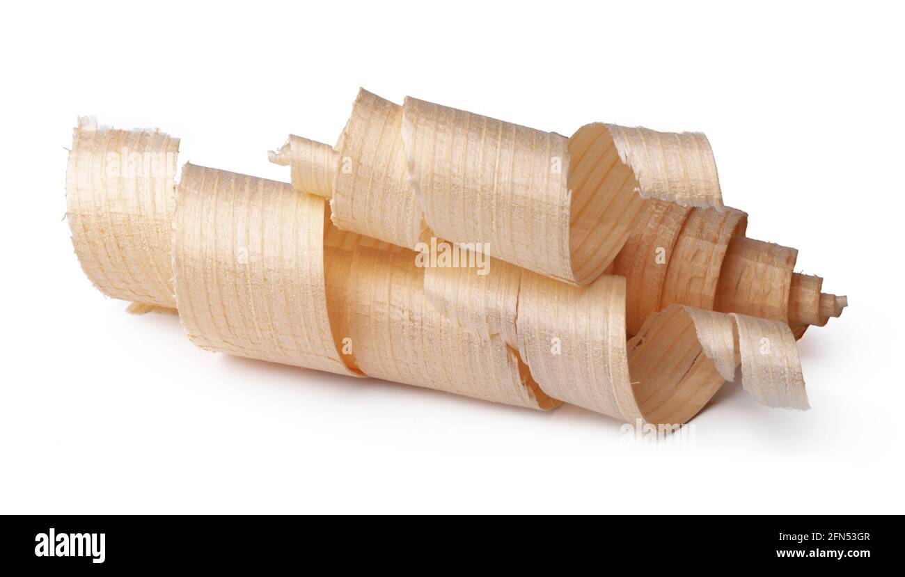 Wood shavings isolated on white background Stock Photo - Alamy