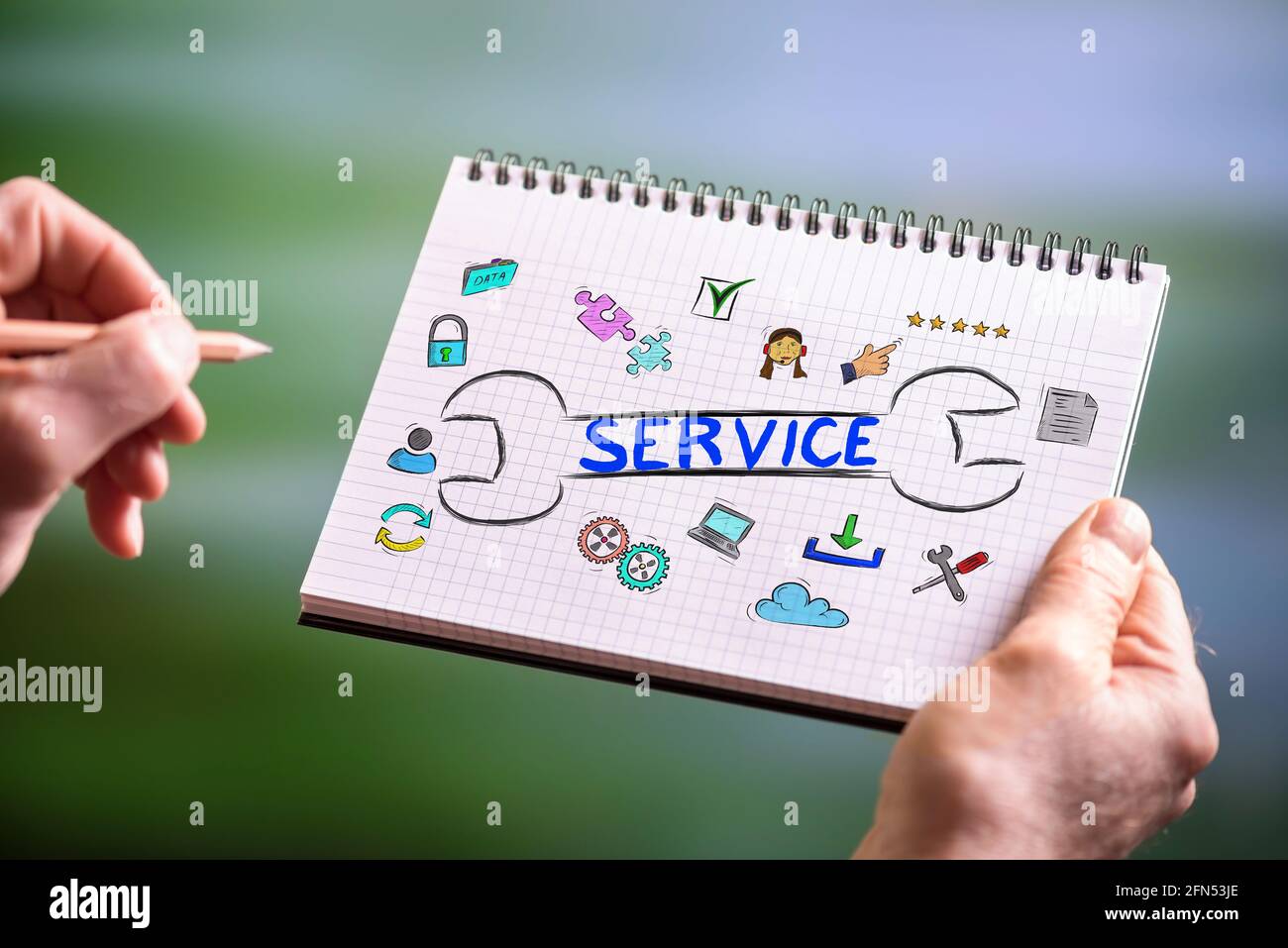 Hand drawing customer service concept on a notepad Stock Photo - Alamy