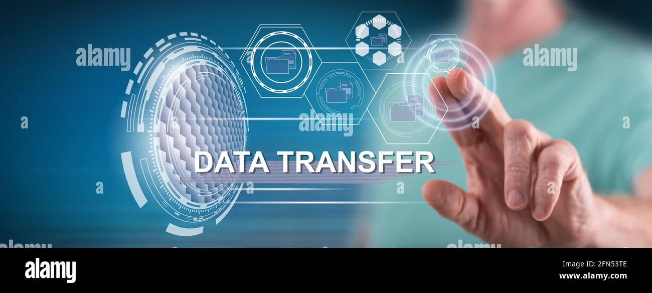 Man touching a data transfer concept on a touch screen with his finger ...