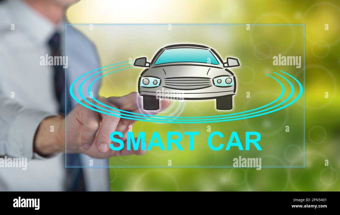 Man touching a smart car concept on a touch screen with his finger ...