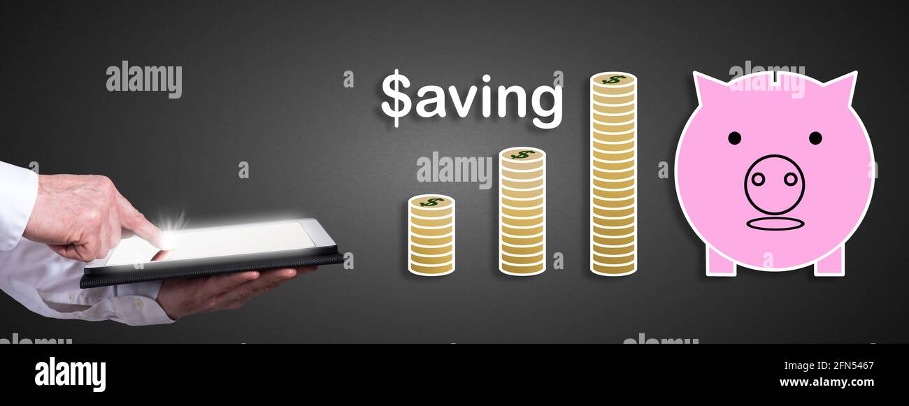 Man using a tablet with saving concept Stock Photo - Alamy