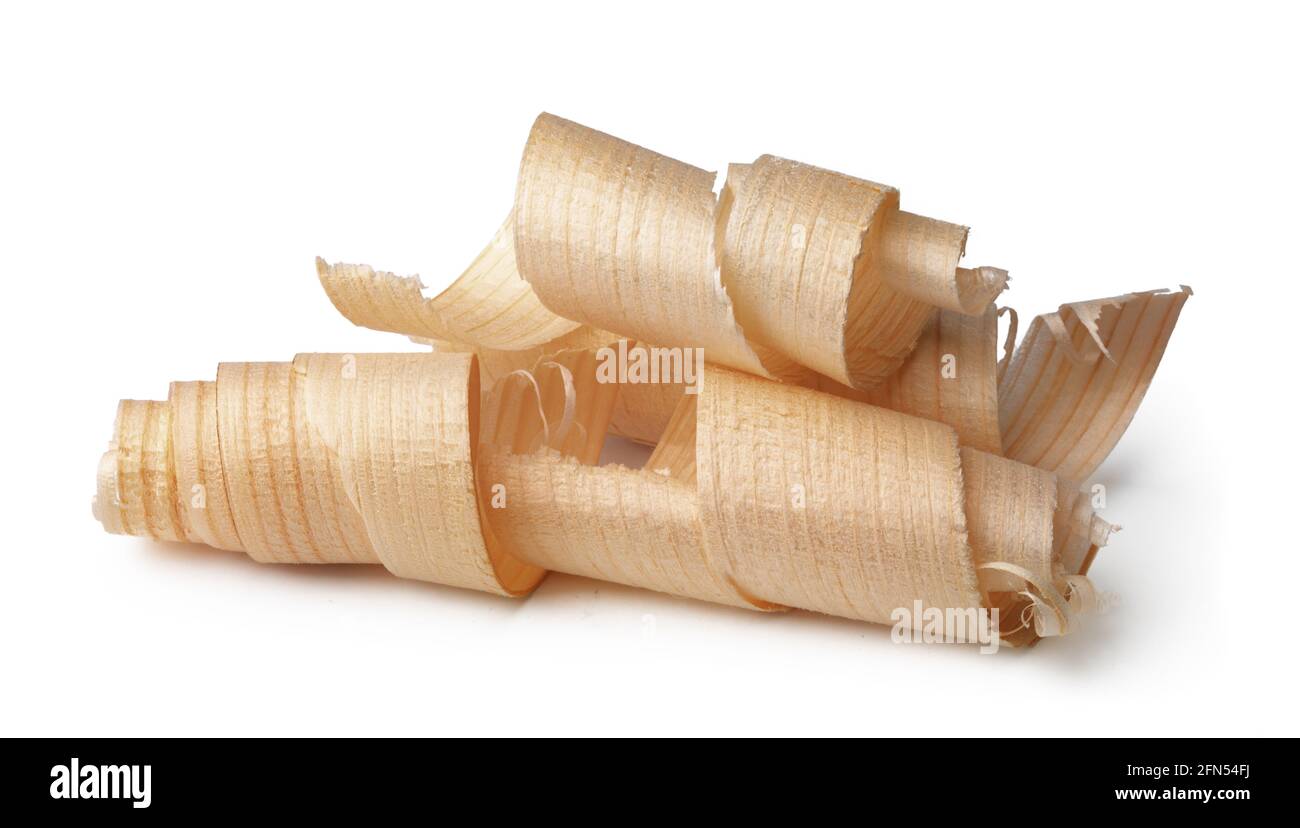 Wood shavings isolated on white background Stock Photo - Alamy
