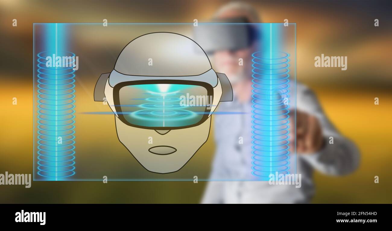 Man with vr headset touching a virtual reality concept on a touch ...