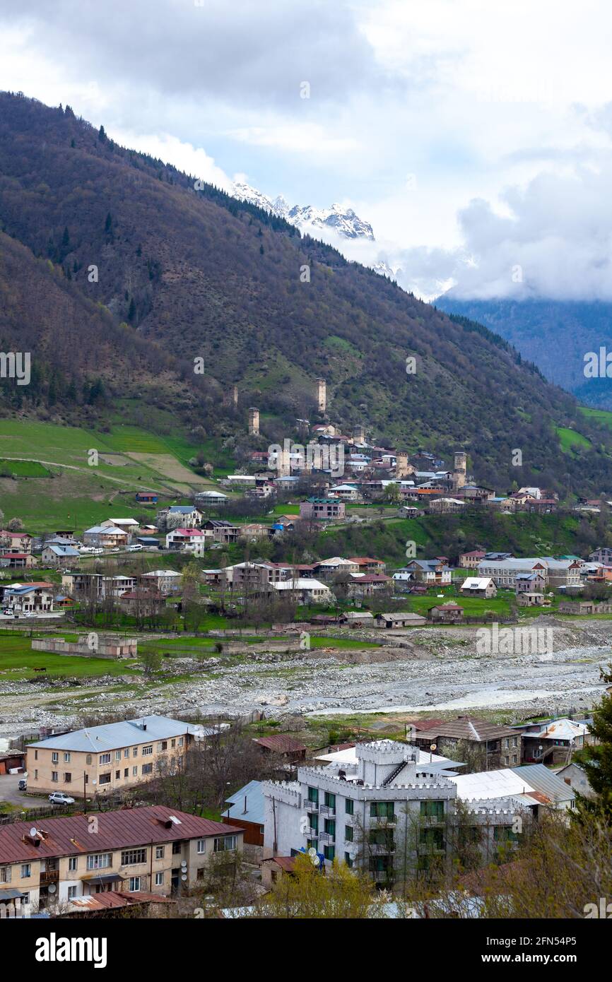 Towers of Mestia village in Svaneti area Caucasus mountains in Georgia ...