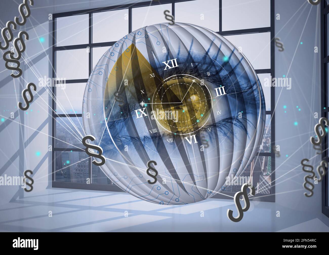 Network of section signs over human eye and roman clock on globe ...