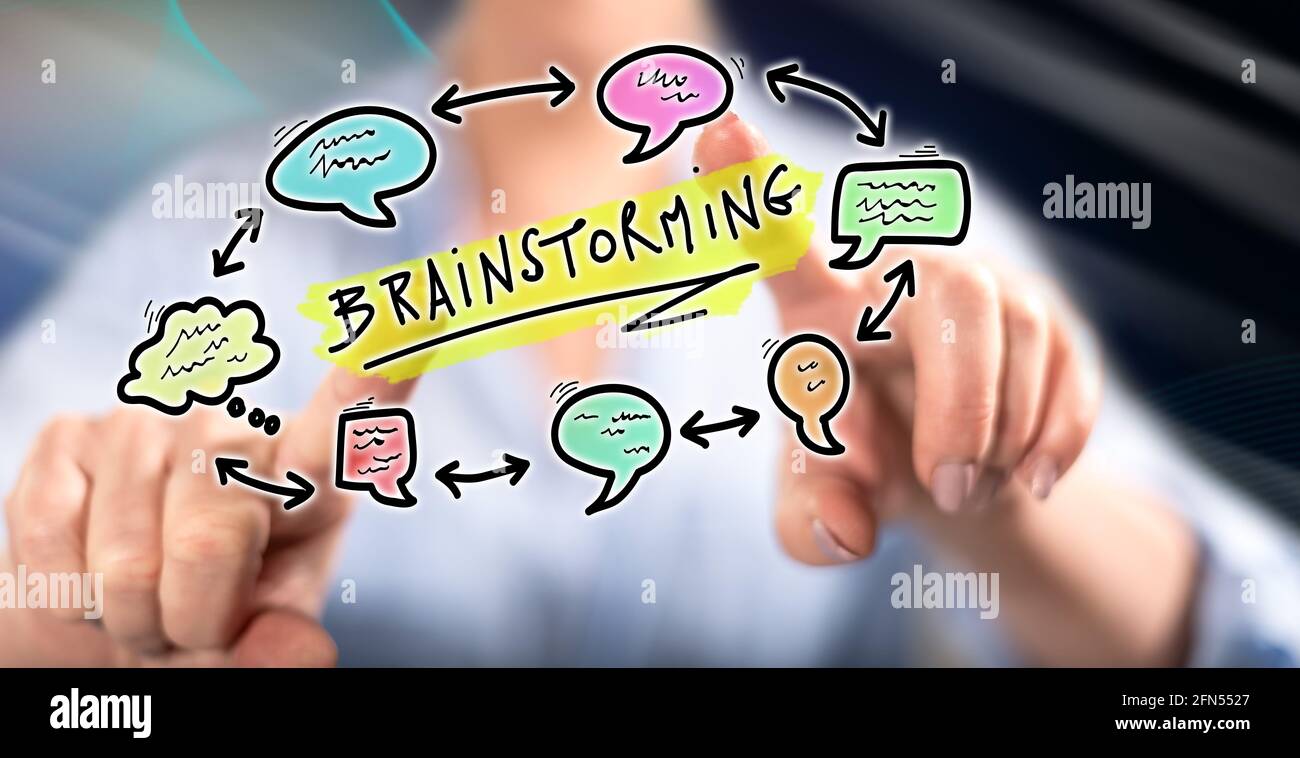 Woman touching a brainstorming concept on a touch screen with her ...