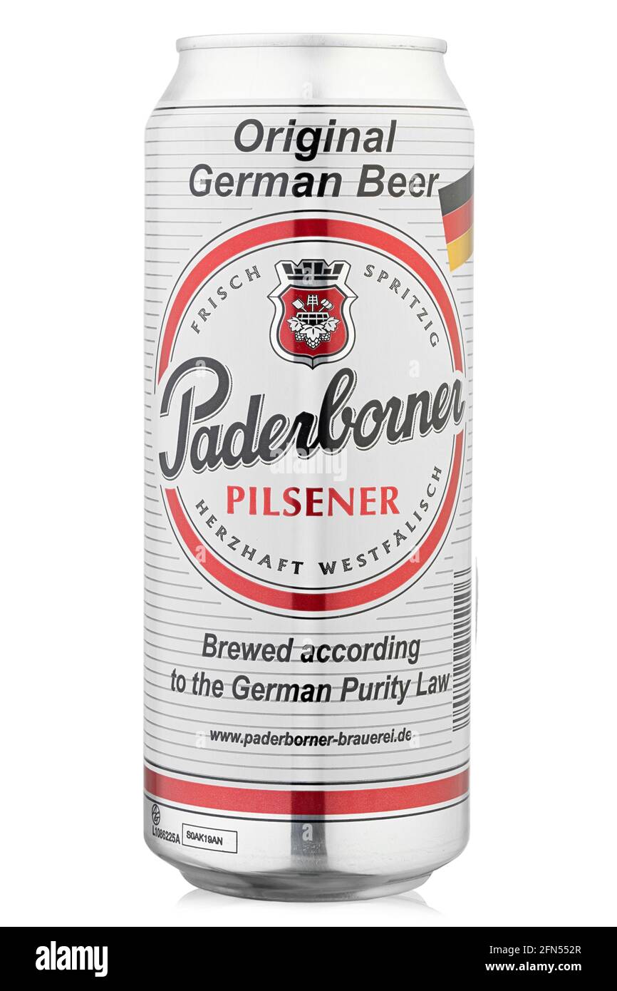 KYIV, UKRAINE - April 26, 2021: Can Paderborner Pilsener beer isolated ...