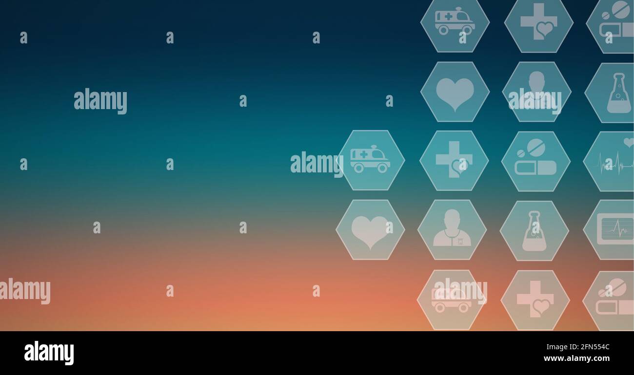 Composition of network of medical icons on hexagons over gradient blue ...