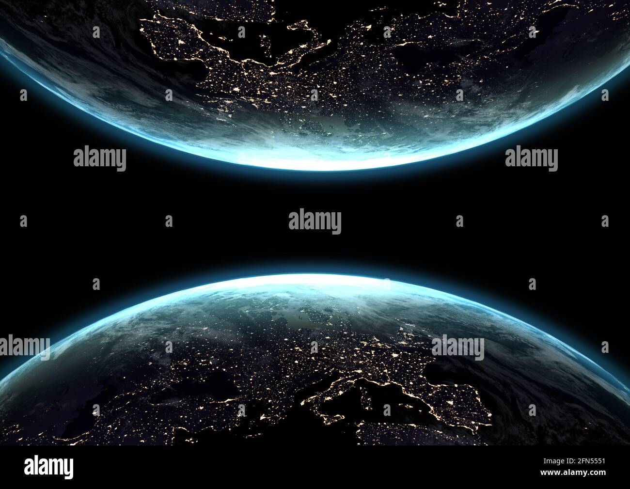Composition of two globes with glowing continents seen from space Stock ...