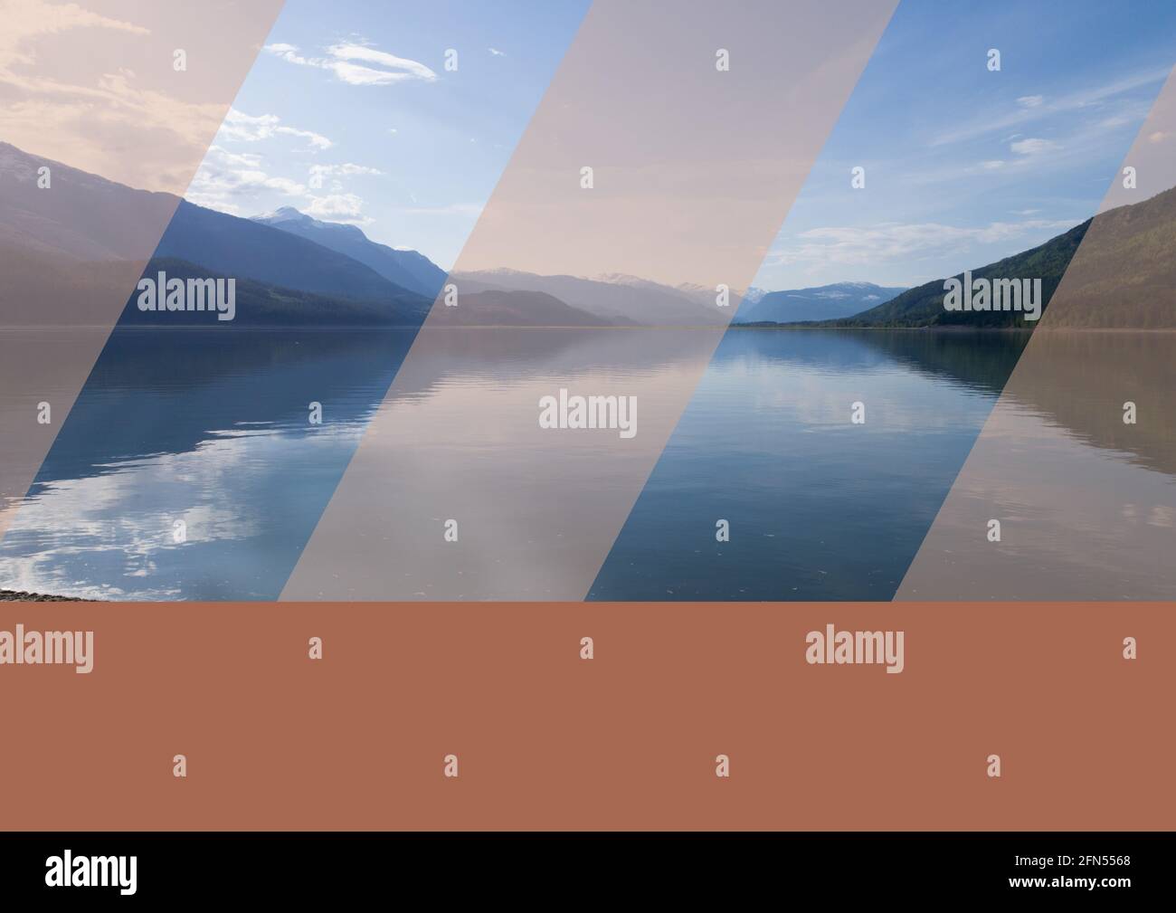 Composition of beige translucent stripes over lake and mountains with ...