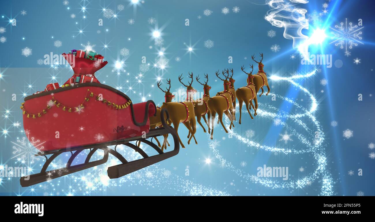 Composition of santa claus in sleigh pulled by reindeer with snow ...
