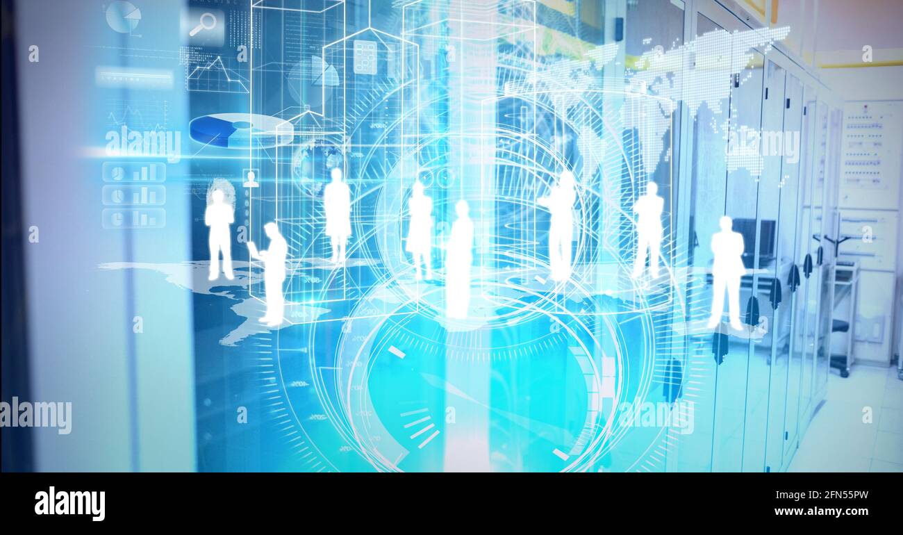 Composition of network of people icons and scope scanning over computer servers Stock Photo - Alamy