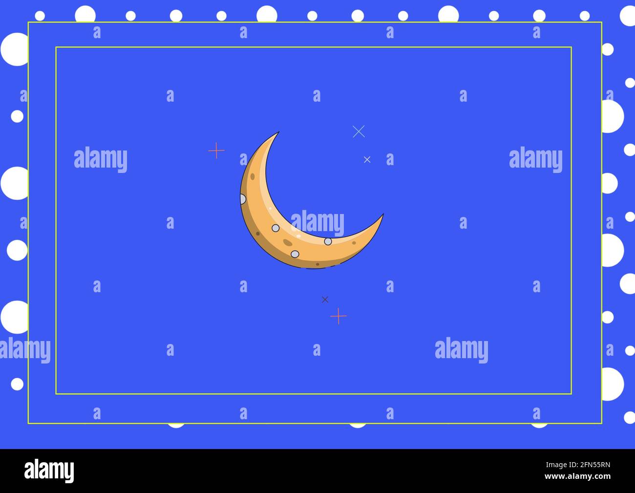 Composition of yellow crescent moon in frame on blue background Stock ...