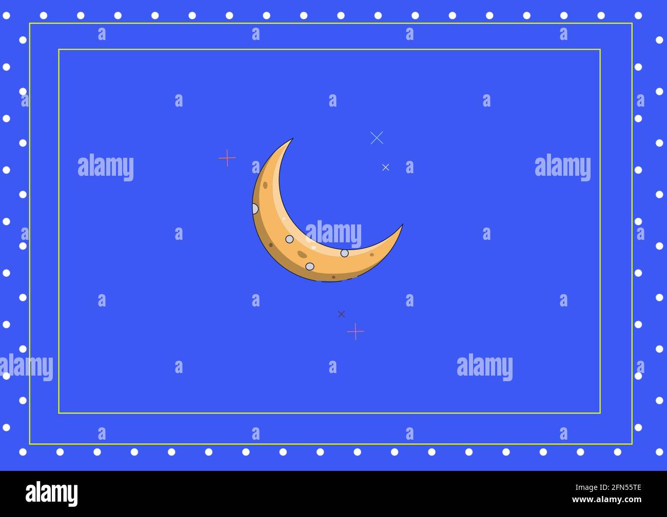 Composition of yellow crescent moon in frame on blue background Stock ...