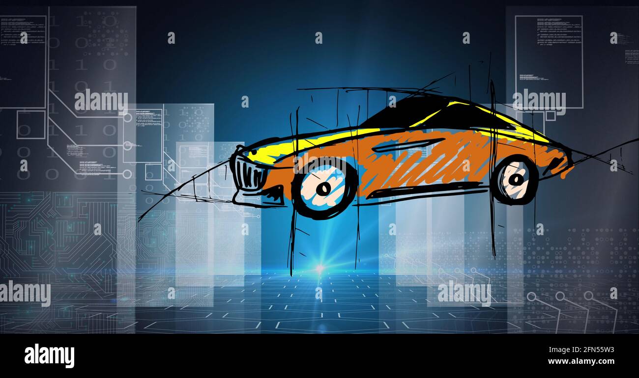 Composition of digital circuit board and binary coding over car drawing ...