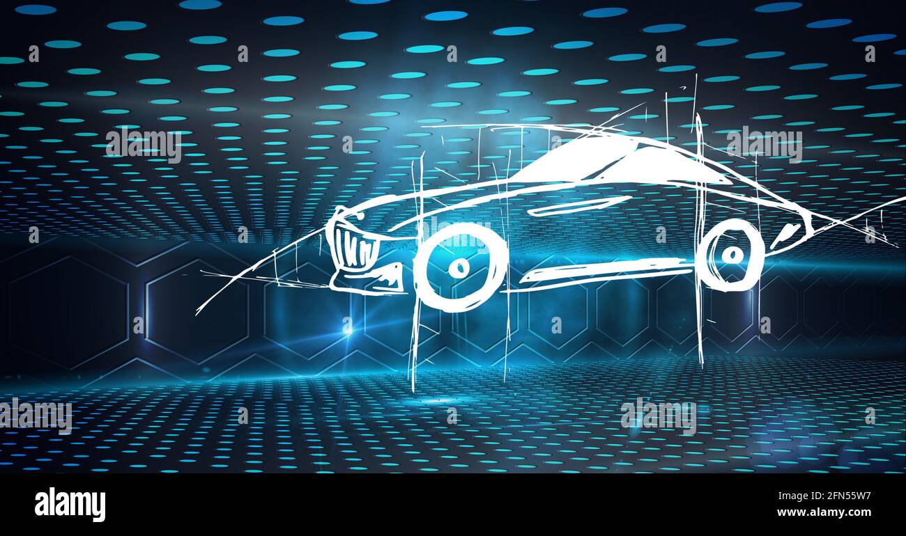 Composition of digital hexagons and blue spots over car drawing Stock ...