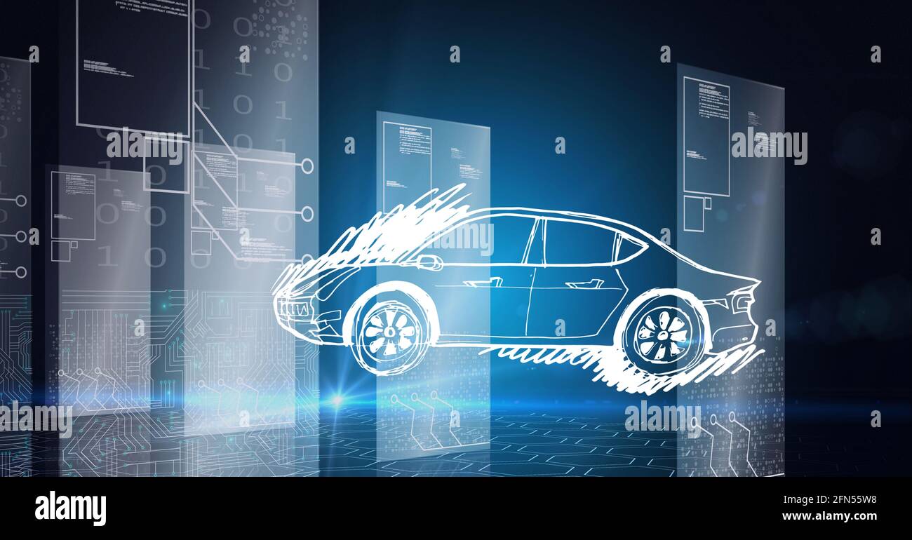 Composition of digital circuit board and binary coding over car drawing ...