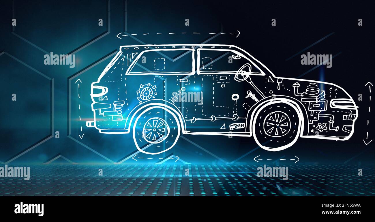 Composition of digital hexagons over car drawing Stock Photo - Alamy