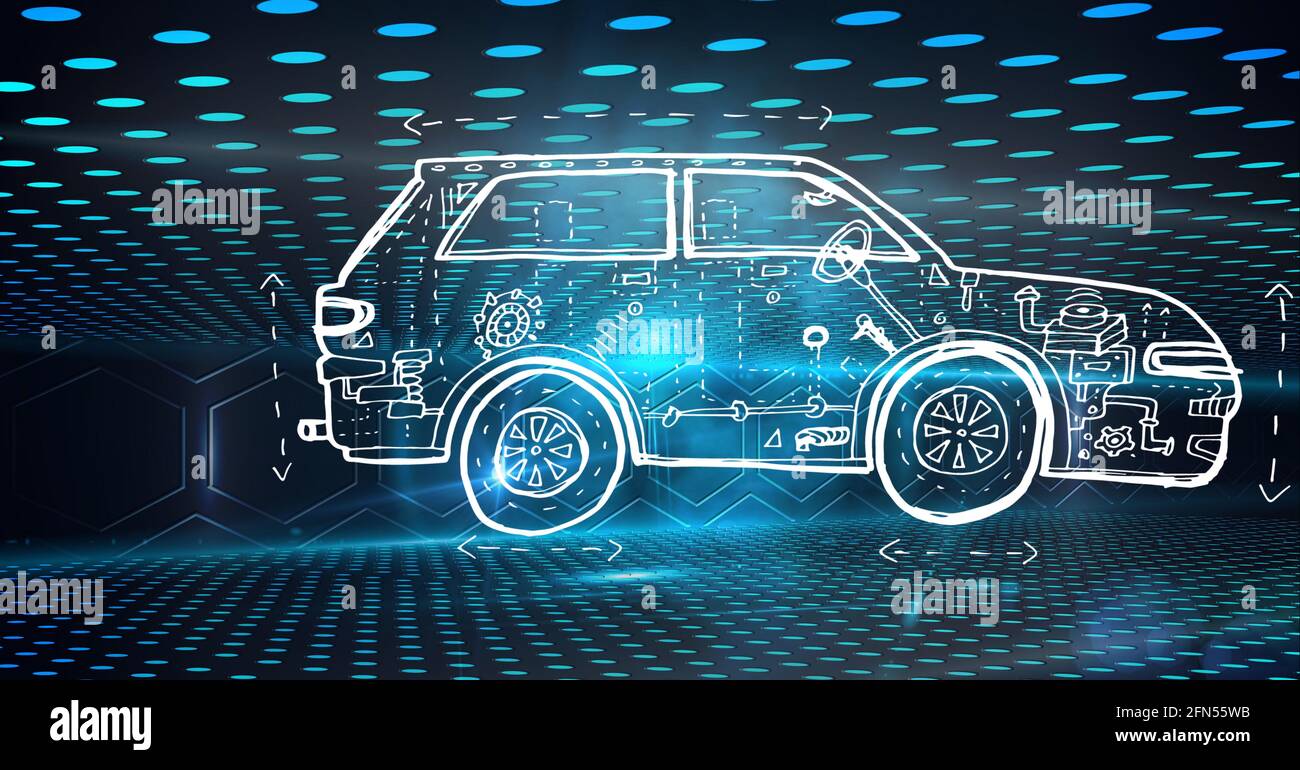 Composition of digital hexagons and blue spots over car drawing Stock ...