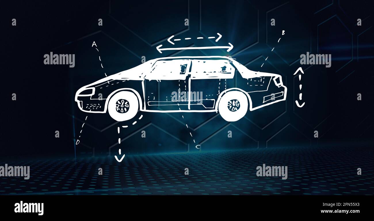 Composition of digital hexagons and blue spots over car drawing Stock ...