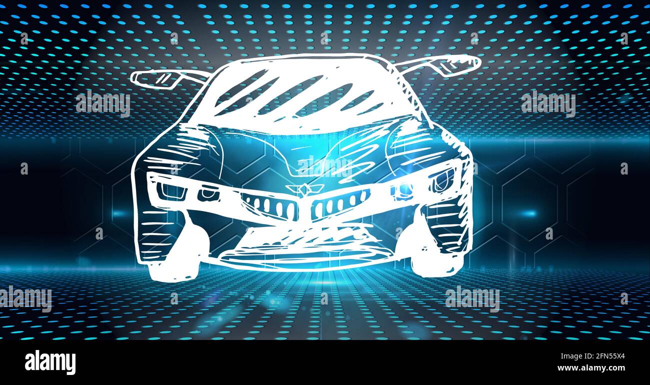 Composition of digital hexagons and blue spots over car drawing Stock ...