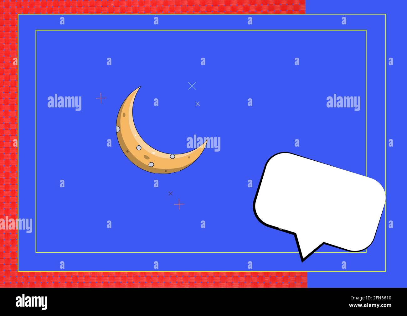 Composition of crescent moon with speech bubble in frame on blue ...
