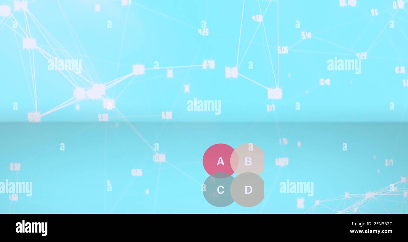 Composition of pie chart statistics and network of connections over ...