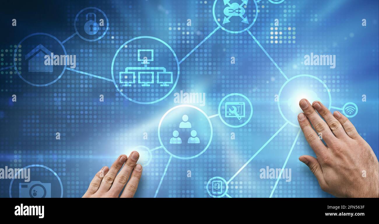 Composition of man touching interactive screen with network of ...