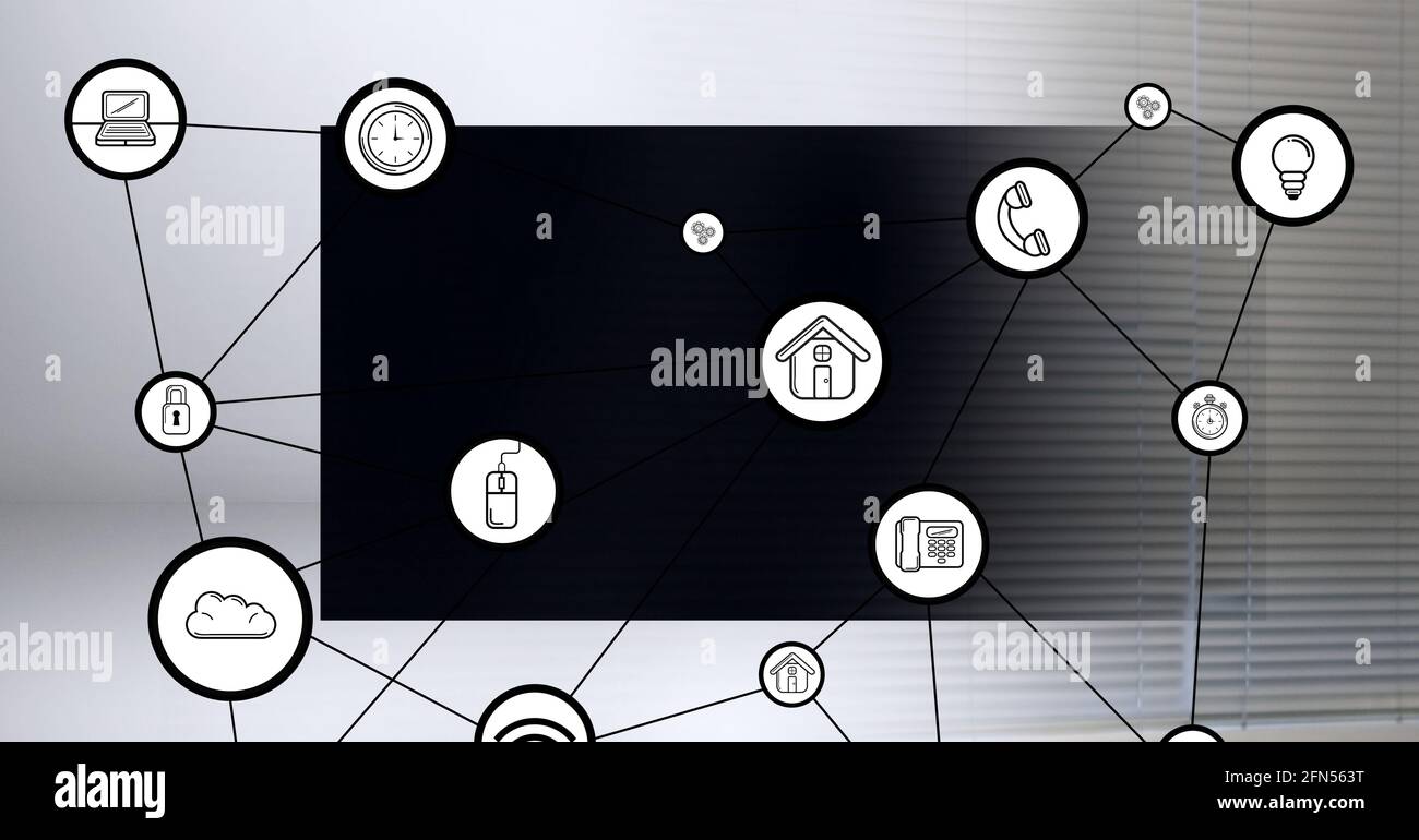 Composition of network of connections with icons over computer monitor ...