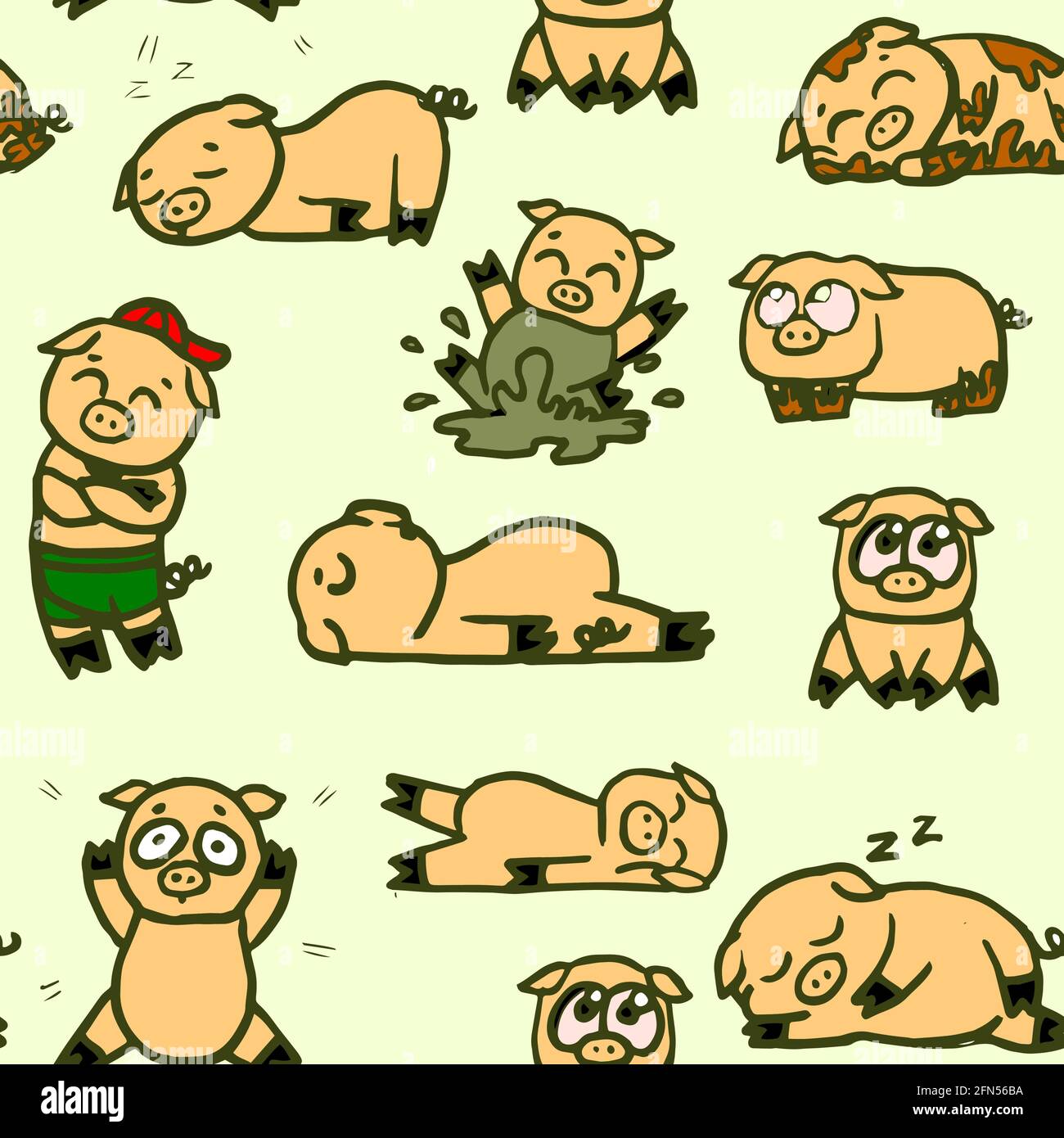 Pigs and piglets. Seamless illustration. Cartoon sketch style. Hand ...