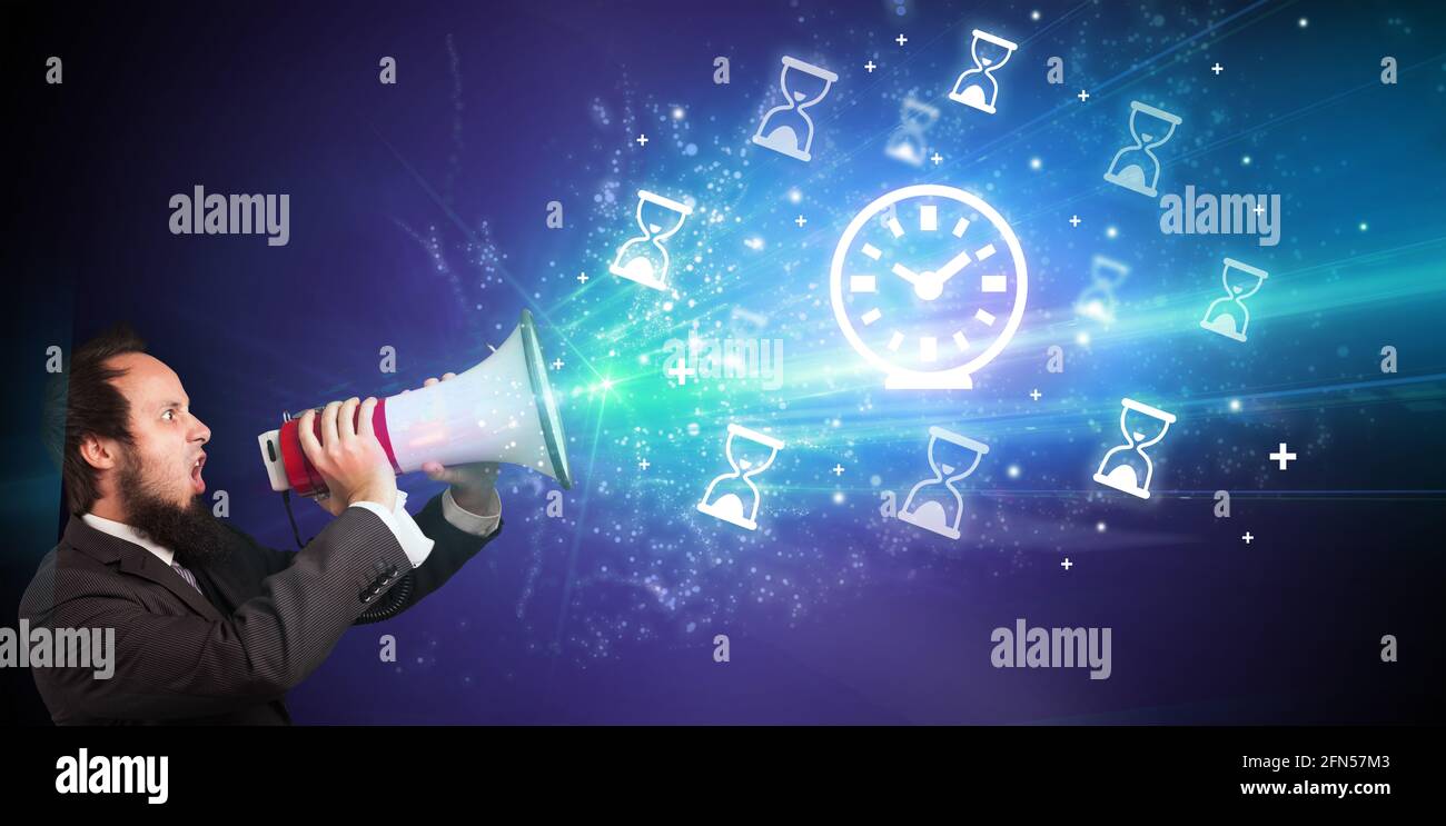 Young person with megaphone and business icon Stock Photo - Alamy