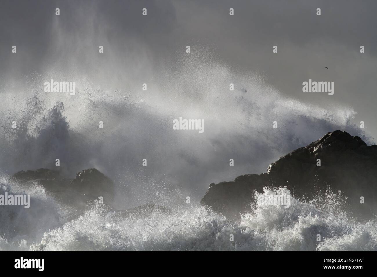 Storm on the coast seeig big wave breaking over rocks and cliffs seeing ...