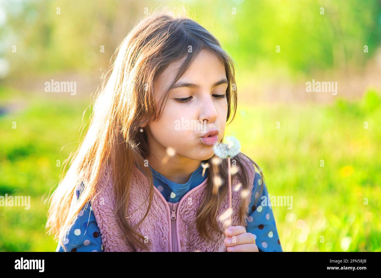 Child girl blowing dandelion in spring. Selective focus. Nature Stock ...