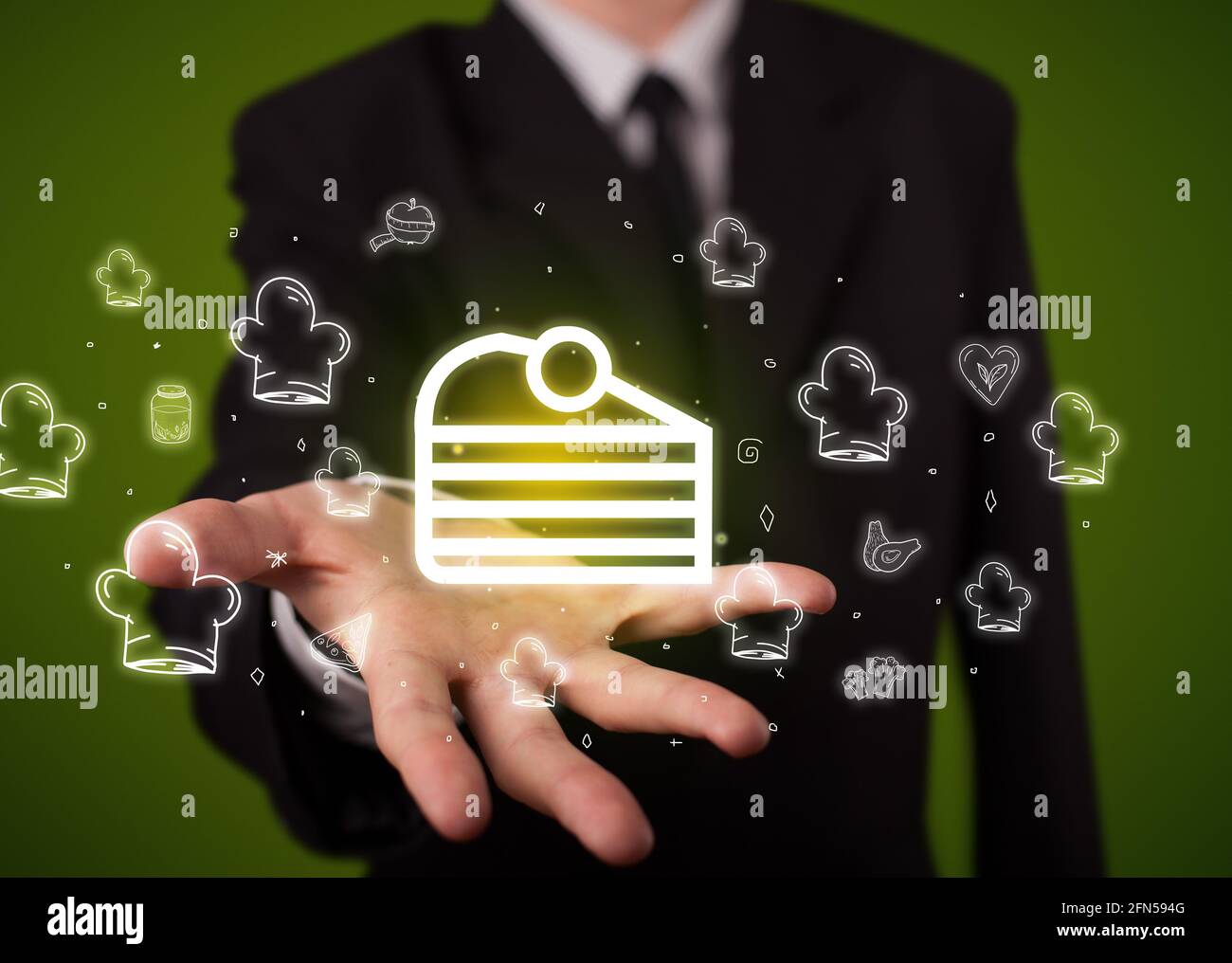 Hand holding food related icons Stock Photo - Alamy
