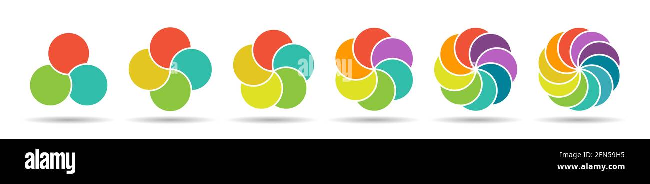 set of color pie charts of 3, 4, 5, 6, 8, and 10 parts or elements for ...